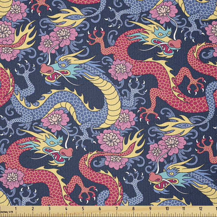 East Urban Home Deeva Dragon with Curves and Flowers Multi-Purpose Fabric | Wayfair.co.uk